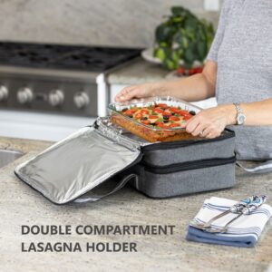 Stack Store Plus More Insulated Casserole Carrier for Hot or Cold Food, Lasagna Holder for Picnic, Potluck, Cookout - Fits 9” x 13” and 11” x 15” Baking Dish – Expandable Double Thermal Bag in Gray