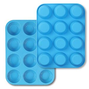 homedge 12-cup silicone muffin pan, pack of 2 non-stick muffin molds, baking pan for cupcake, tarts, egg bites-blue