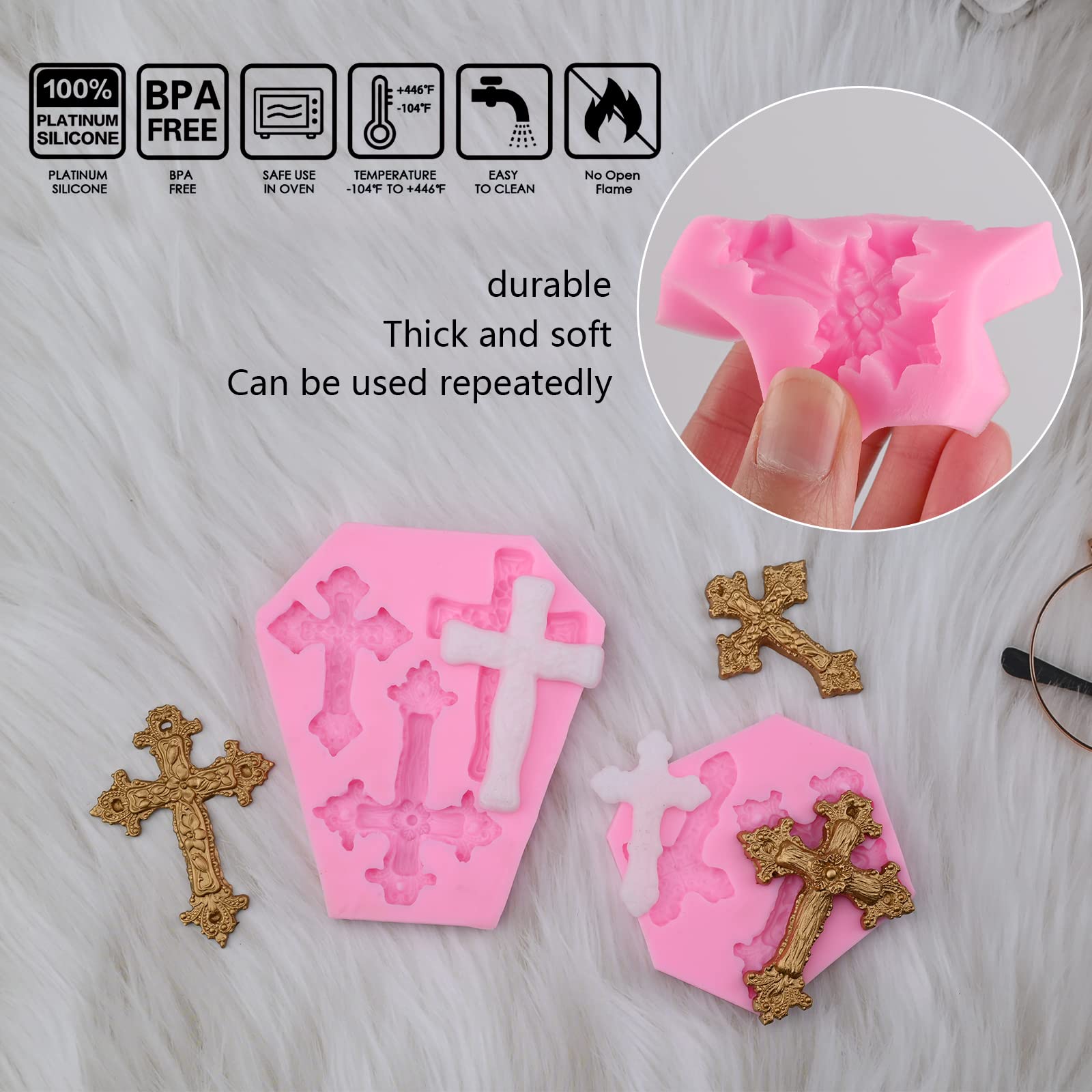 3 Pcs Cross Molds Silicone, Cross Silicone Molds for Chocolate Cake Fondant Candy Clay Cupcake Candle Baptism