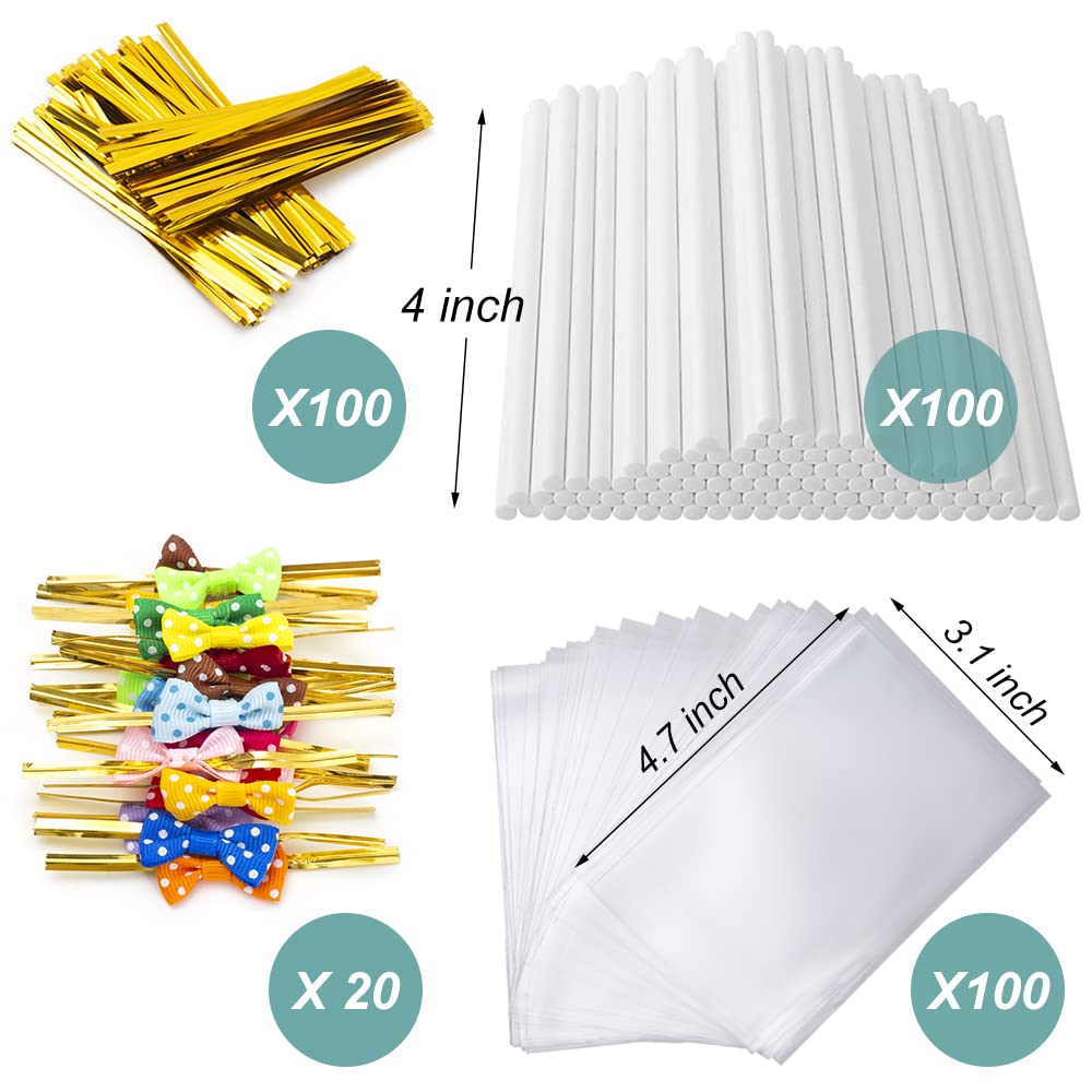 SOTMALTK 320Pcs Cake Pop Sticks and Wrappers Kit, Lollipop Sticks Cake Pop Bags with Metallic Twist Ties Bow, Perfect for Making Lollipops, Candies, Chocolates and Cookies - Great for Parties