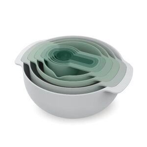 Joseph Joseph Nest 9 Plus, 9 Piece Compact Food Preparation Set with Mixing Bowls, Measuring cups, Sieve and Colander, Editions Range, Polypropylene, Stainless steel, Sage Green