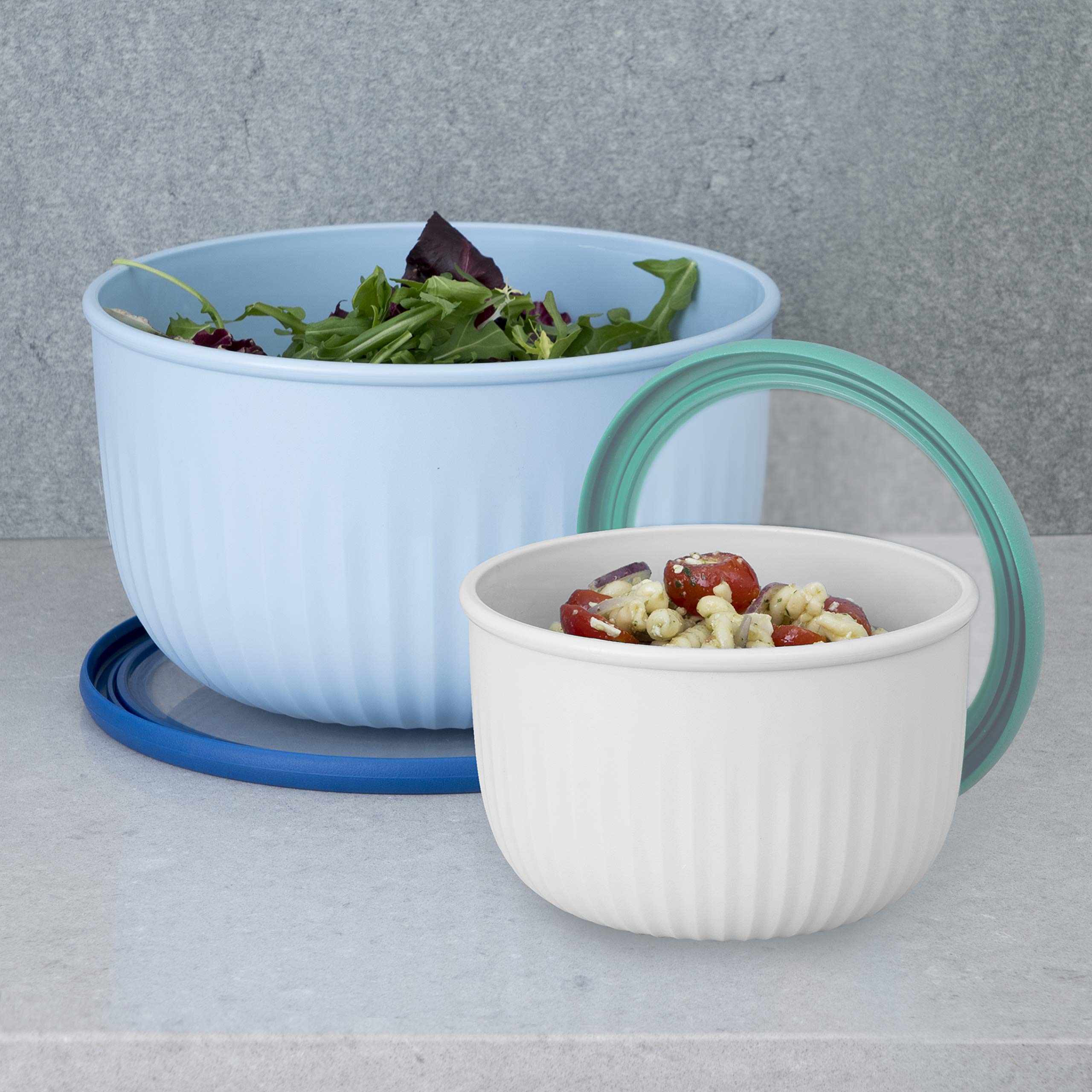 Oggi Prep, Store & Serve Plastic Bowl w/See-Thru Lid- Dishwasher, Microwave & Freezer Safe, (4 qt) White/Aqua