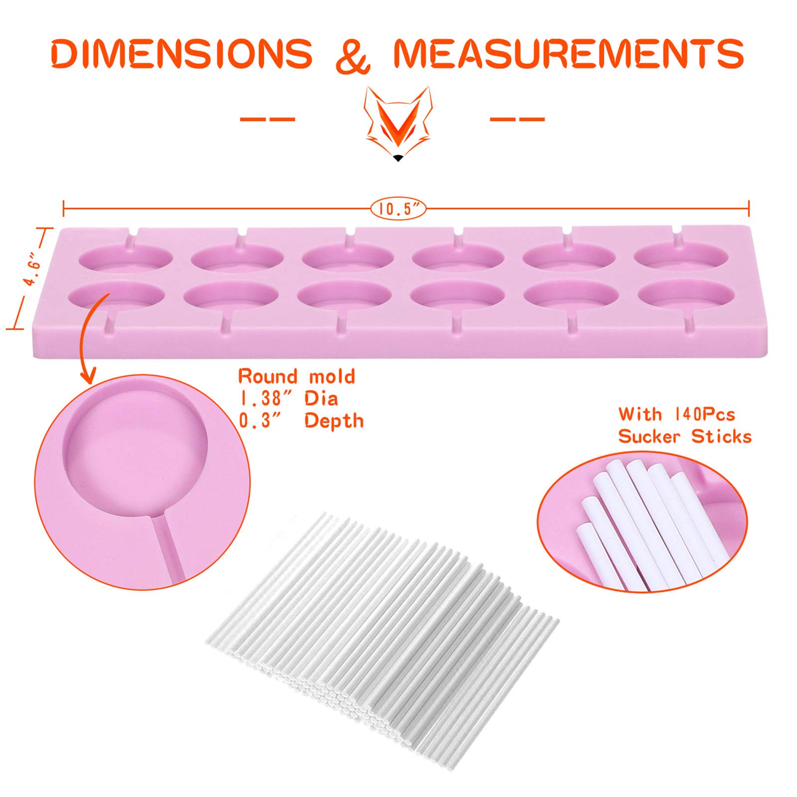 V-fox 2x12-Capacity Round Chocolate Hard Candy Silicone Lollipop Molds with 140 count Lollypop Sucker Sticks for Halloween Christmas Parties