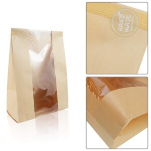 Twdrer 50 Pack Large Kraft Paper Bread Loaf Bag with Clear Front Window,Tin Tie Tab Lock Brown Bakery Coffee Cookie Treat Packaging Bags with 60 PCS Label Seal stickers(14" x 8.3" x 3.5")