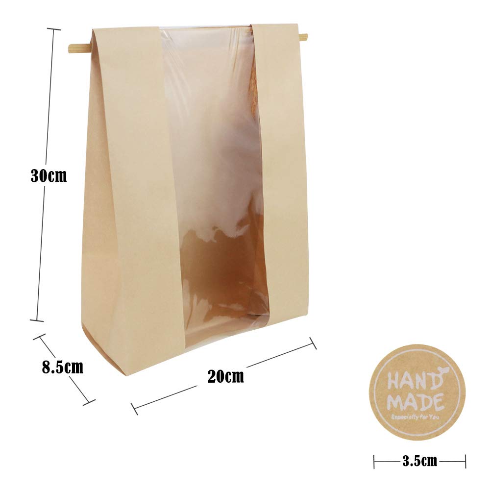 Twdrer 50 Pack Large Kraft Paper Bread Loaf Bag with Clear Front Window,Tin Tie Tab Lock Brown Bakery Coffee Cookie Treat Packaging Bags with 60 PCS Label Seal stickers(14" x 8.3" x 3.5")