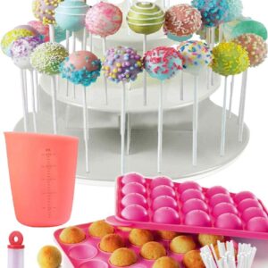 APRON HEROES- Complete Cake Pop Maker Kit, Nonstick, Silicone, Cake Pop Maker, Cake Pop Kit, with, Cake Pop Stand Holder, Cake Pop Molds, 120 Lollipop Sticks, Melting Pot, Decorating Pen, & Twist Ties