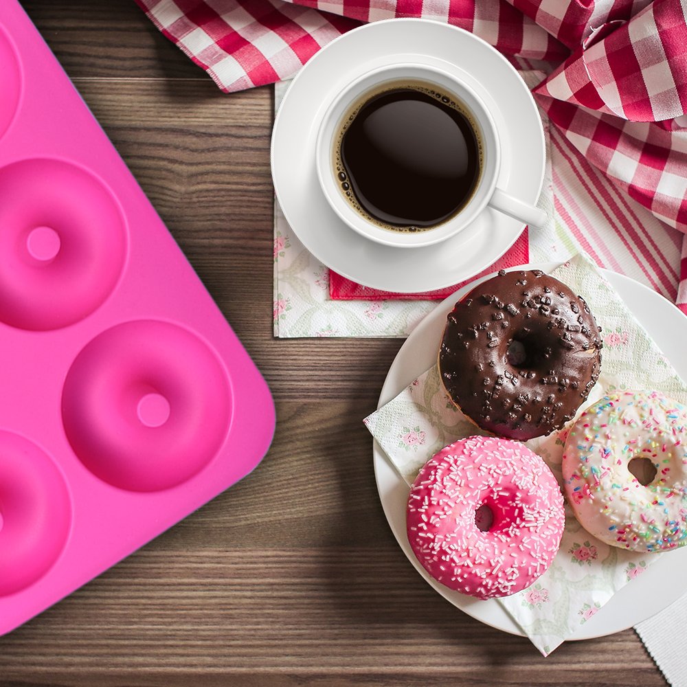 homEdge Silicone Donut Molds, 2-Pack of Non-Stick Food Grade Silicone Pans for Doughnut Baking – Green and Pink