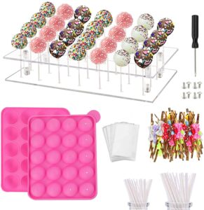 302 pcs cake pop maker kit,subesty cake pop baking mold with 1 acrylic lollipop holder,1 silicone mold set,100 pcs clear bags,100 pcs treat sticks,100 pcs gold bow ties