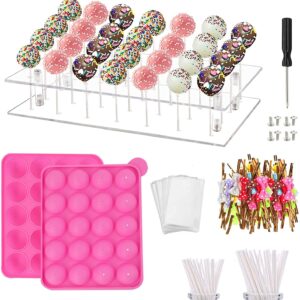 302 Pcs Cake Pop Maker Kit,Subesty Cake Pop Baking Mold with 1 Acrylic Lollipop Holder,1 Silicone Mold Set,100 Pcs Clear Bags,100 Pcs Treat Sticks,100 Pcs Gold bow Ties