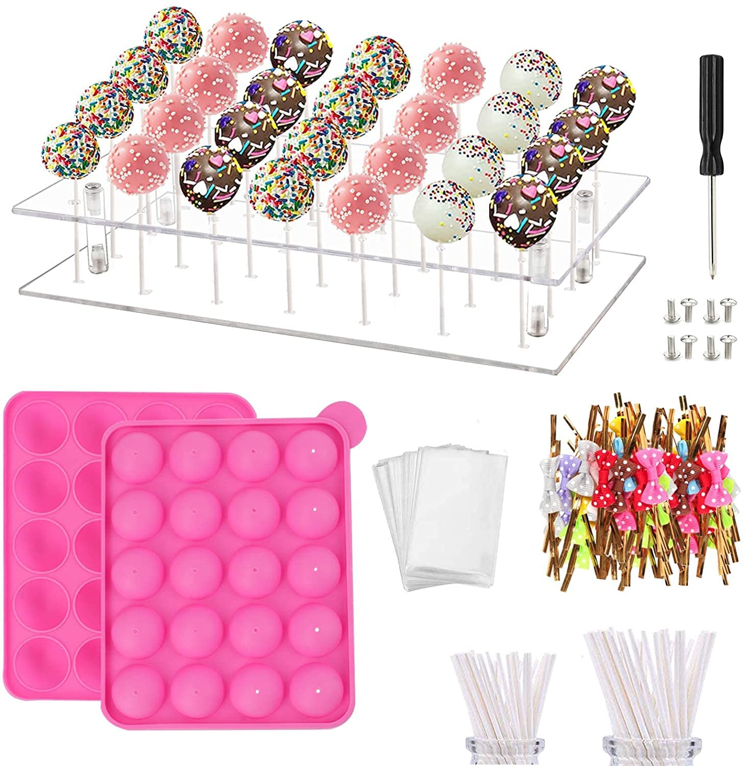 302 Pcs Cake Pop Maker Kit,Subesty Cake Pop Baking Mold with 1 Acrylic Lollipop Holder,1 Silicone Mold Set,100 Pcs Clear Bags,100 Pcs Treat Sticks,100 Pcs Gold bow Ties