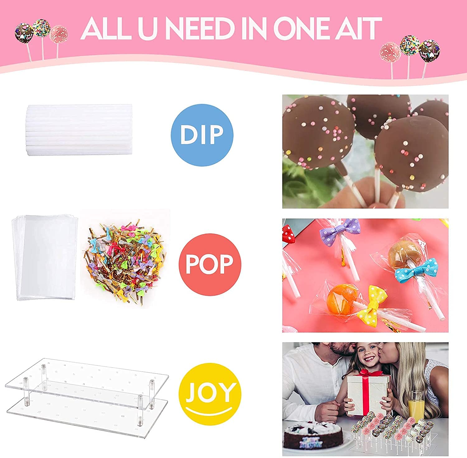 302 Pcs Cake Pop Maker Kit,Subesty Cake Pop Baking Mold with 1 Acrylic Lollipop Holder,1 Silicone Mold Set,100 Pcs Clear Bags,100 Pcs Treat Sticks,100 Pcs Gold bow Ties