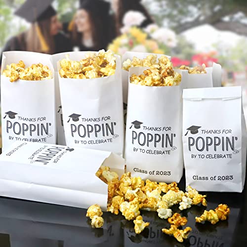 25 Pcs Class of 2023 Graduation Party Favors Popcorn Bags Graduation Treat Snack Goodie Cookie Bags Thanks for Poppin By to Celebrate Grease Resistant Paper Bags