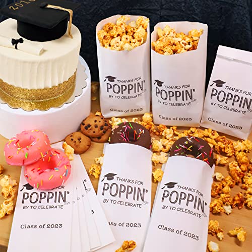 25 Pcs Class of 2023 Graduation Party Favors Popcorn Bags Graduation Treat Snack Goodie Cookie Bags Thanks for Poppin By to Celebrate Grease Resistant Paper Bags