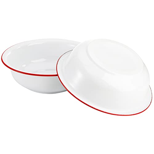 Elsjoy Set of 2 Enamel Bowl, 3 Quart Large Enamel Mixing Bowl White Enamelware with Red Rim, 11 Inch Vintage Enamel Soup Basin for Fruit, Salad, Pasta, Dinner