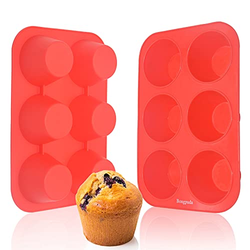 Bongpuda Silicone Large Muffin Pan 2 Pack,6 Cup Large Silicone Cupcake Pan,Non-Stick Jumbo Muffin Pans,Food Grade Cupcake Molds,Perfect for Egg Muffin,Big Cupcake