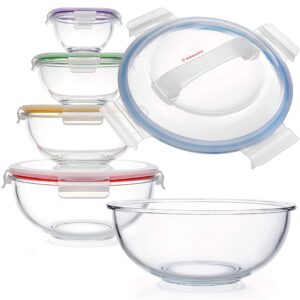 dokaworld glass mixing bowls - nesting bowls - space-saving glass bowls with lids food storage - set of 5 stackable microwave glass containers - storage bowls with lids bpa free - bowls for cooking