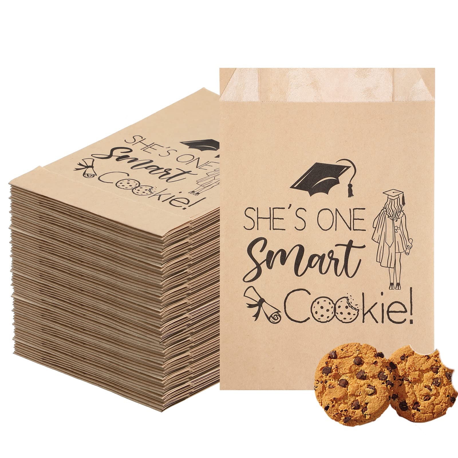 Fuutreo 200 Pcs Graduation Favor Bags Bulk Kraft Paper Treat Bags Congrats Grad Oilproof Brown Paper Bags One Smart Cookie Bags for 2024 Graduation Party Bakery Cookies Snacks Sandwiches Supplies