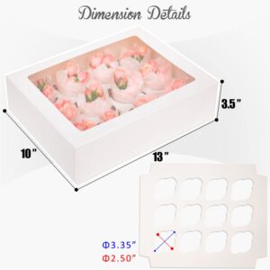 12 Cupcake Containers 12-Packs White Cupcake Box Cupcakes Carrier, 12 Cupcake Boxes with Window 13"x10"x3.5"（Auto-pop up）