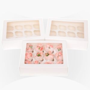 12 Cupcake Containers 12-Packs White Cupcake Box Cupcakes Carrier, 12 Cupcake Boxes with Window 13"x10"x3.5"（Auto-pop up）