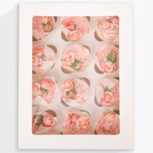 12 Cupcake Containers 12-Packs White Cupcake Box Cupcakes Carrier, 12 Cupcake Boxes with Window 13"x10"x3.5"（Auto-pop up）