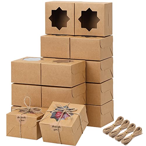 Moretoes 50pcs 4x4x2.5 Inches Brown Bakery Boxes with Window Cookie Boxes Kraft Paper Treat Boxes for Pastries, Small Cakes Box