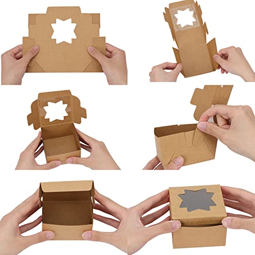 Moretoes 50pcs 4x4x2.5 Inches Brown Bakery Boxes with Window Cookie Boxes Kraft Paper Treat Boxes for Pastries, Small Cakes Box