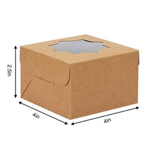 Moretoes 50pcs 4x4x2.5 Inches Brown Bakery Boxes with Window Cookie Boxes Kraft Paper Treat Boxes for Pastries, Small Cakes Box