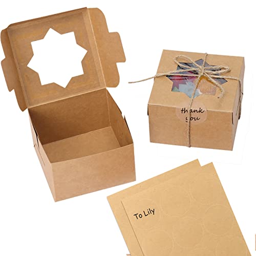 Moretoes 50pcs 4x4x2.5 Inches Brown Bakery Boxes with Window Cookie Boxes Kraft Paper Treat Boxes for Pastries, Small Cakes Box