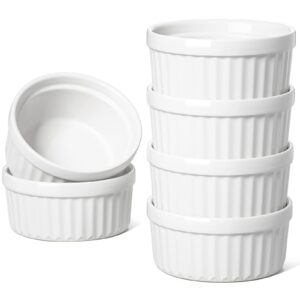 le tauci ramekins 4 oz oven safe, creme brulee ramekins, pudding custard cups souffle ramiken, dipping sauce dishes, ceramic ramekin bowls set of 6, white