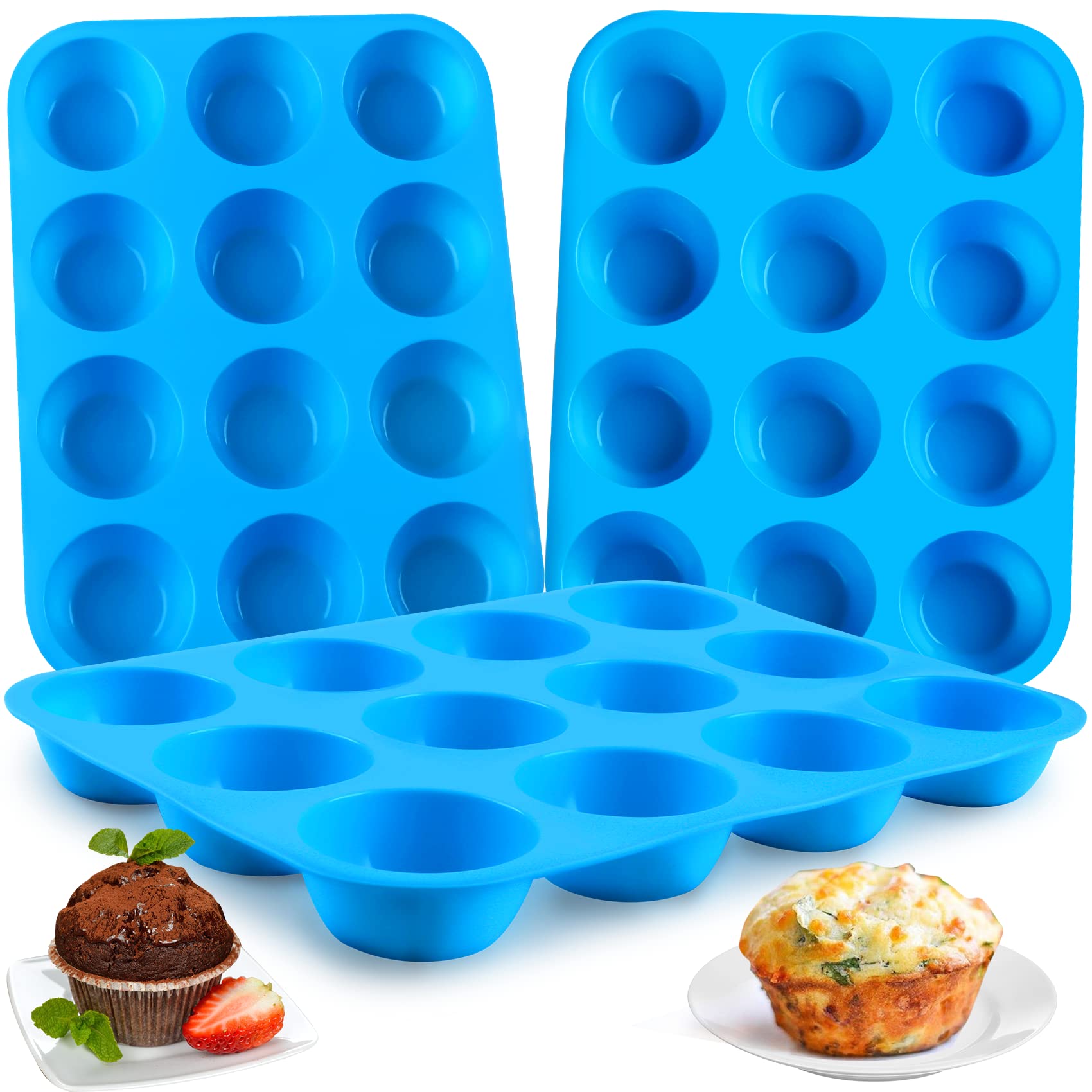 Sidosir 3PCS Silicone Muffin Pans for Baking, Non-stick Silicone Cupcake Molds for Baking, 12 Cups Muffin Pan for Freezing Eggs, Brownie