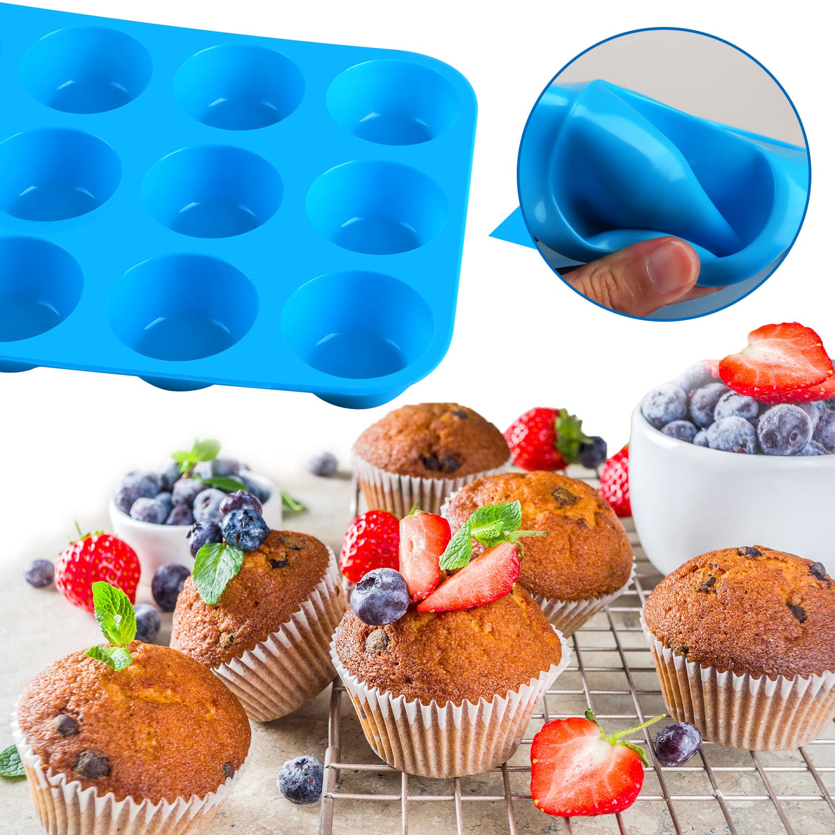 Sidosir 3PCS Silicone Muffin Pans for Baking, Non-stick Silicone Cupcake Molds for Baking, 12 Cups Muffin Pan for Freezing Eggs, Brownie