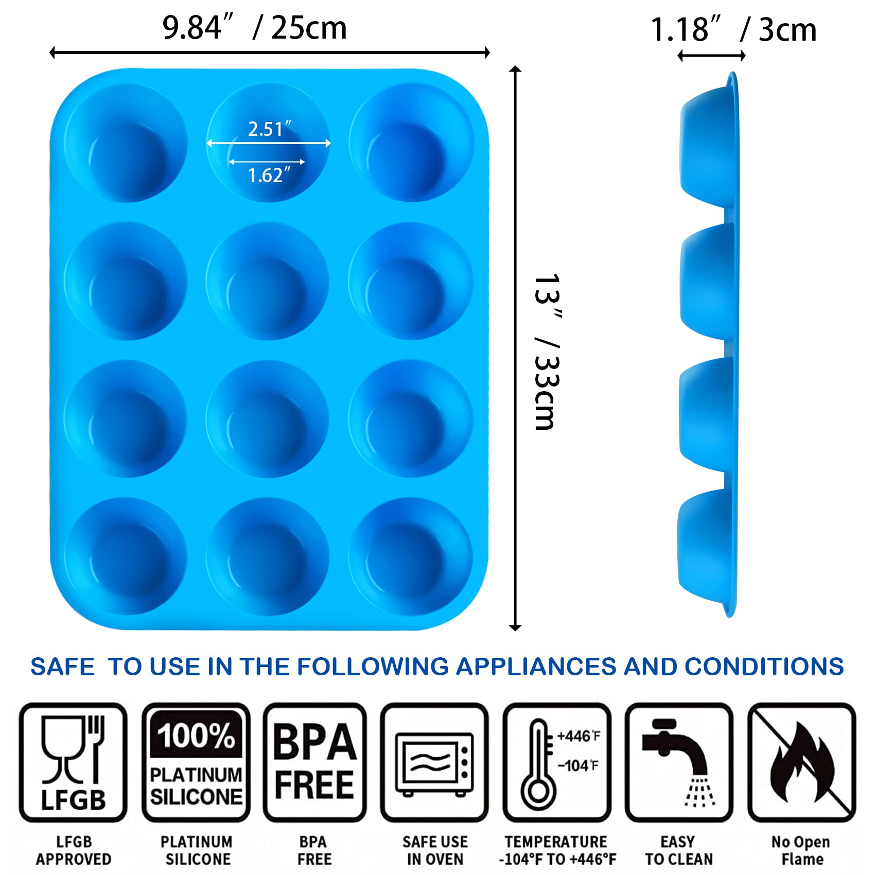 Sidosir 3PCS Silicone Muffin Pans for Baking, Non-stick Silicone Cupcake Molds for Baking, 12 Cups Muffin Pan for Freezing Eggs, Brownie