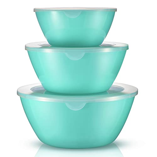 Wehome Mixing Bowls with Lids Set，Plastic Mixing Bowls for Kitchen Preparing，Serving and Storing，Set of 3-Includes 3 Bowls and 3 Lids，BPA-FREE Neat Nesting Bowls with Sealing Lids (Aqua)