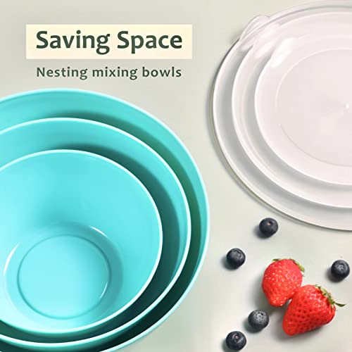 Wehome Mixing Bowls with Lids Set，Plastic Mixing Bowls for Kitchen Preparing，Serving and Storing，Set of 3-Includes 3 Bowls and 3 Lids，BPA-FREE Neat Nesting Bowls with Sealing Lids (Aqua)