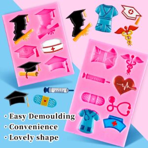 Whaline 2 Pack Nurse Graduation Themed Fondant Molds Silicone Doctor Nurse Grad Hat Medical Equipment Candy Mould Congrats Grad Chocolate Baking Resin Mold for Cupcake Cake Topper Decoration