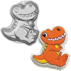 wilton dinosaur cake pan, kids 3d birthday cake pan, silver, aluminum