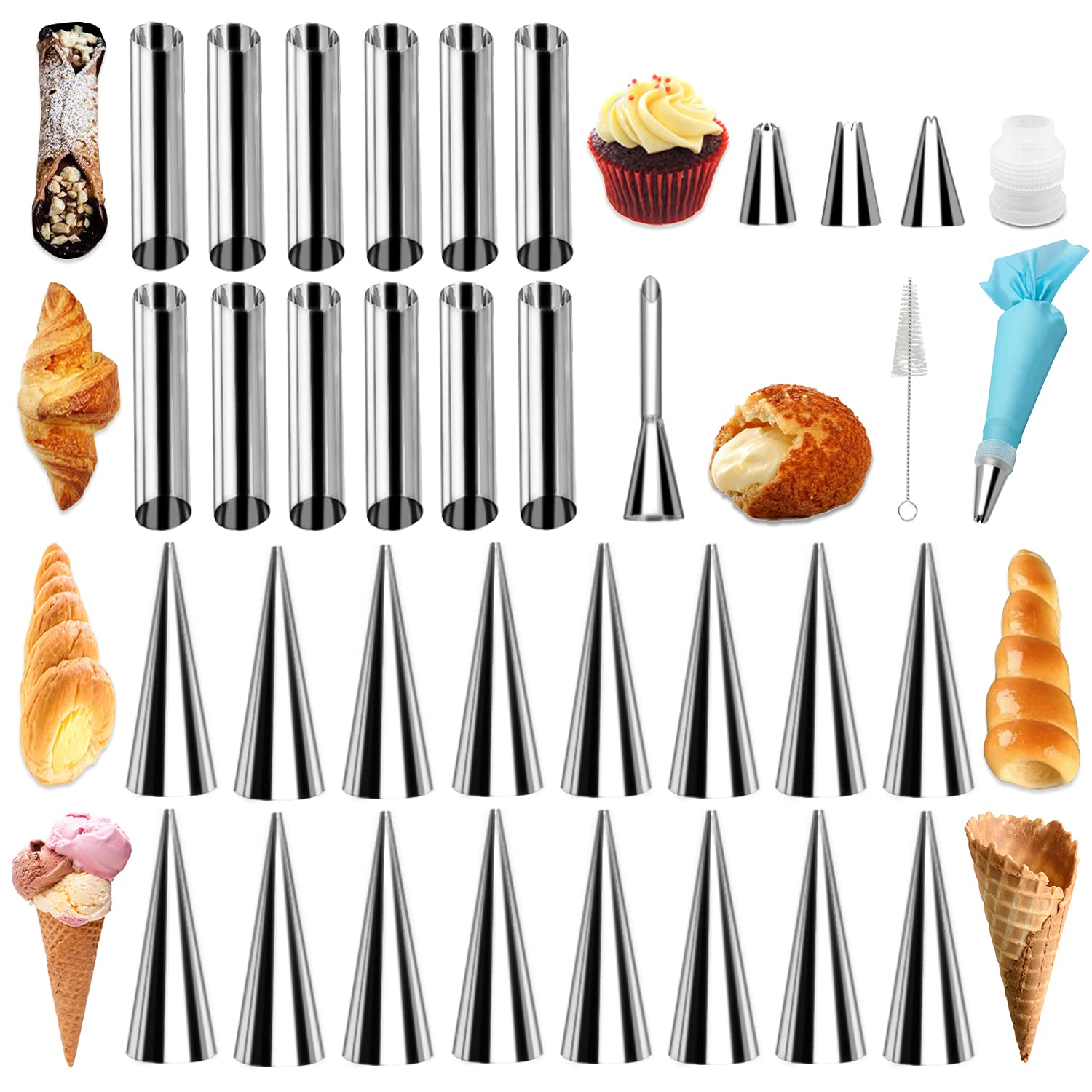 Grehge Chusen 35pcs Cream Horn Mold, Cannoli Forms Tubes Kits, Non-stick Stainless Steel 16pcs Cone Shaped and 12pcs Tubular Shaped Baking Molds for Danish Pastry Lady Lock Form, Cream Roll