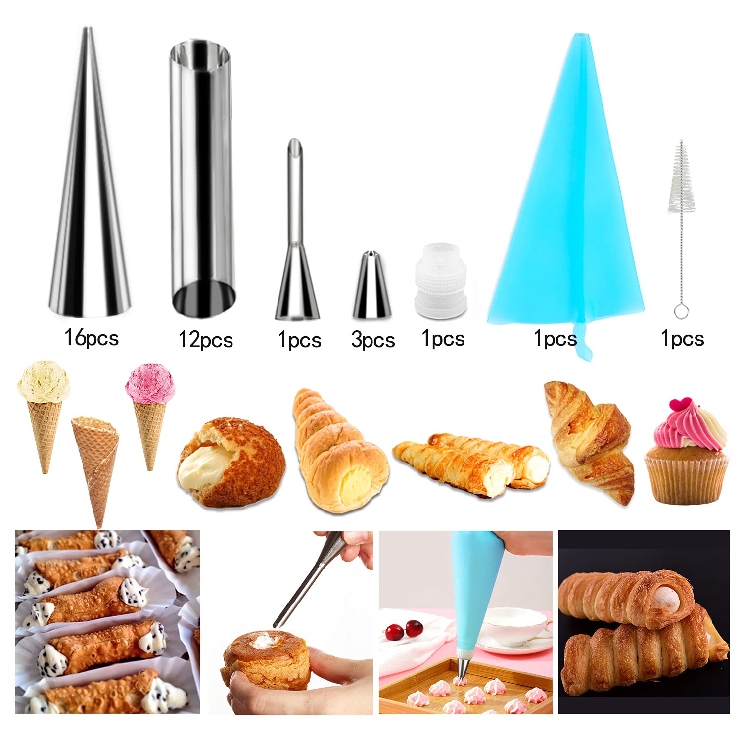 Grehge Chusen 35pcs Cream Horn Mold, Cannoli Forms Tubes Kits, Non-stick Stainless Steel 16pcs Cone Shaped and 12pcs Tubular Shaped Baking Molds for Danish Pastry Lady Lock Form, Cream Roll