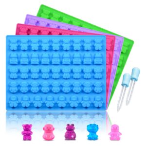 silicone candy gummy bear molds - chocolate molds including bears, frogs, lions, monkeys, penguins gummie molds premium silicone bpa free, pack of 4 with 2 droppers