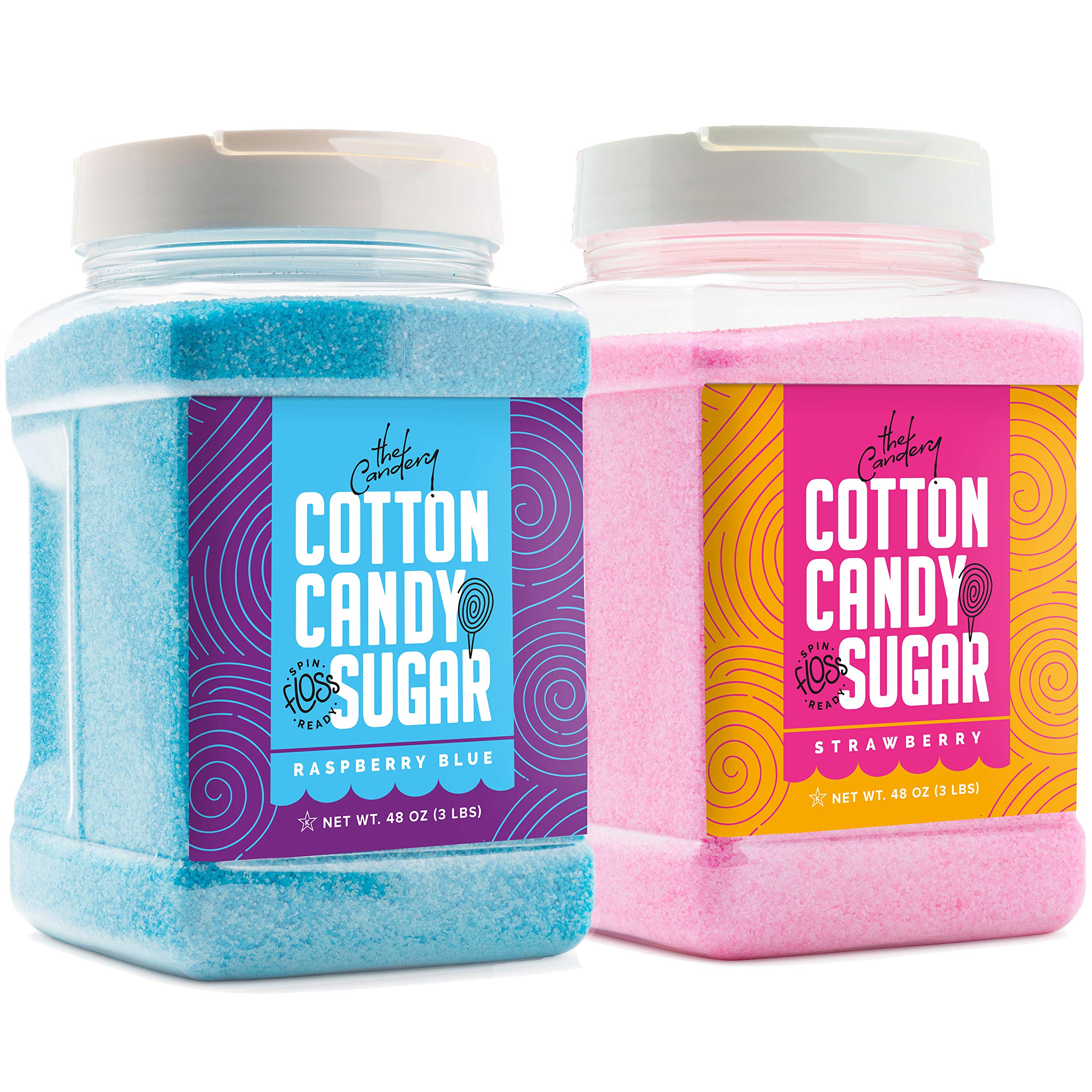 The Candery Cotton Candy Floss Sugar (2-Pack) Includes | Raspberry Blue and Strawberry | Plastic, Reusable Jars | Easy Pour Spout or Scoop | 3 LBS Jars