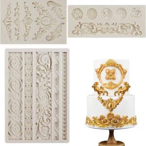 3 Pieces Baroque Fondant Molds Scroll Border Lace Silicone Molds Curlicues Gum Paste Candy Chocolate Molds for Cake Decorating Sugar Craft Polymer Clay