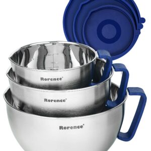 Rorence Mixing Bowls Set: Stainless Steel Non-Slip Bowls with Pour Spout, Handle and Lid - Set of 3 - Blue