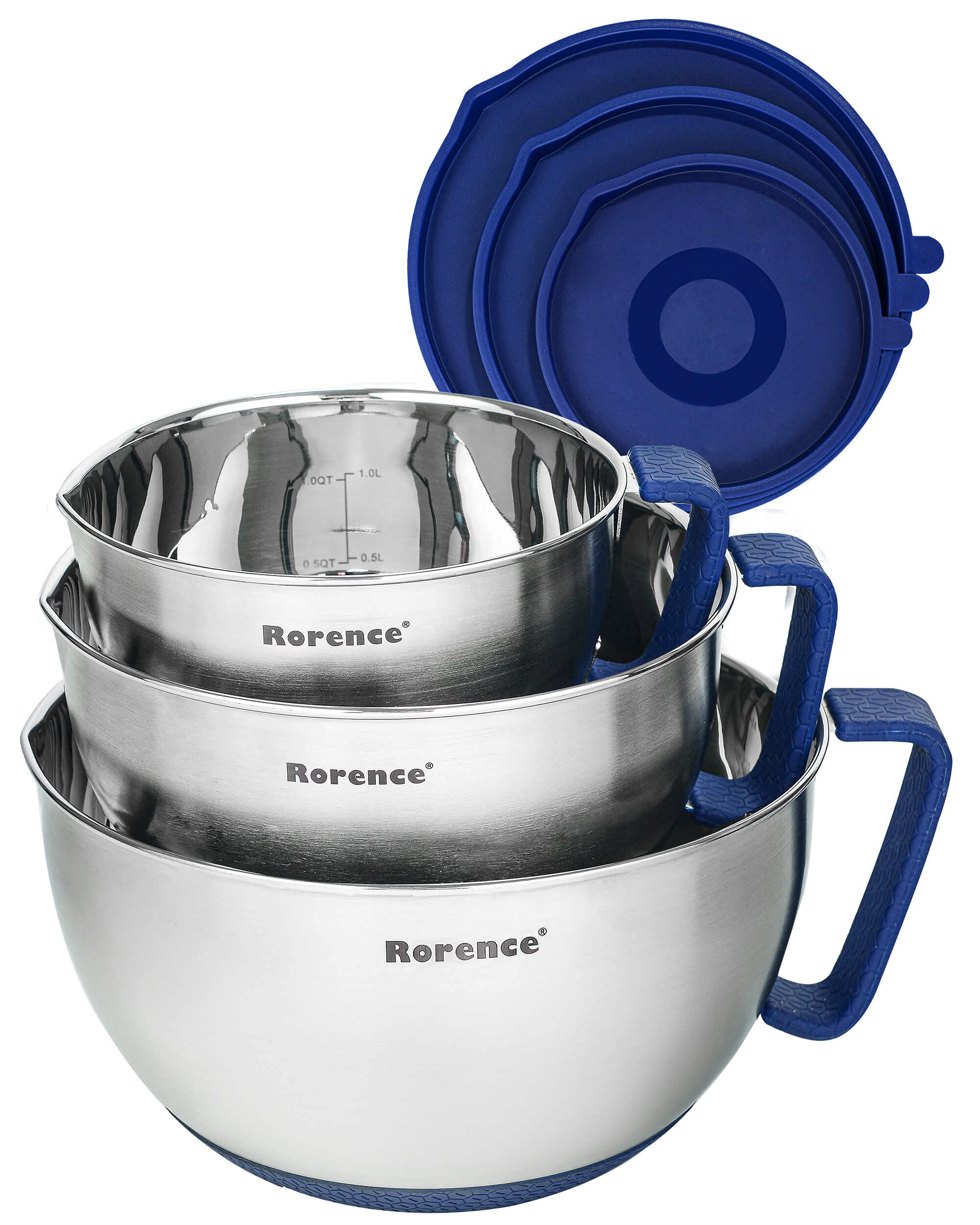 Rorence Mixing Bowls Set: Stainless Steel Non-Slip Bowls with Pour Spout, Handle and Lid - Set of 3 - Blue