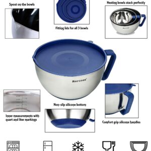 Rorence Mixing Bowls Set: Stainless Steel Non-Slip Bowls with Pour Spout, Handle and Lid - Set of 3 - Blue