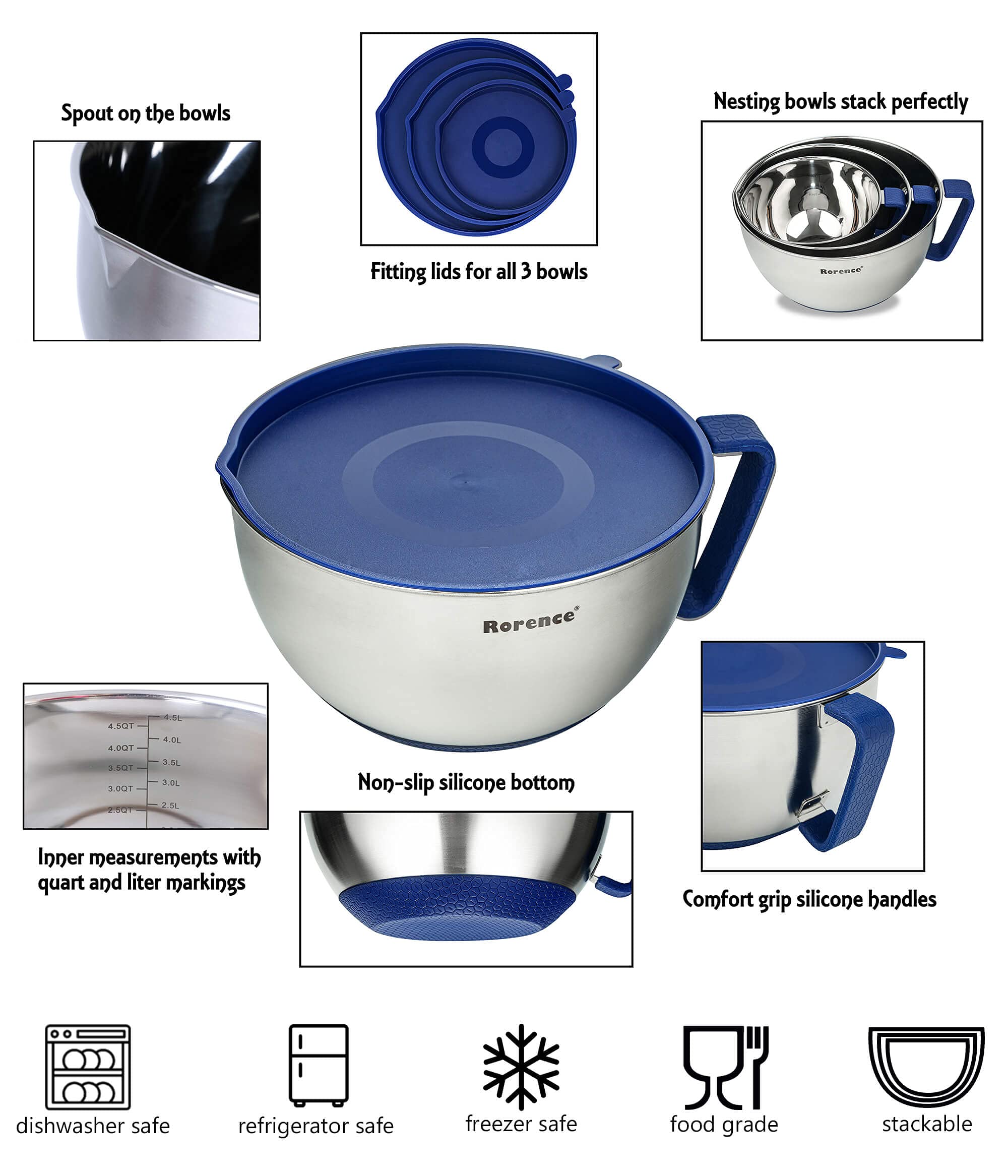 Rorence Mixing Bowls Set: Stainless Steel Non-Slip Bowls with Pour Spout, Handle and Lid - Set of 3 - Blue