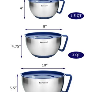 Rorence Mixing Bowls Set: Stainless Steel Non-Slip Bowls with Pour Spout, Handle and Lid - Set of 3 - Blue