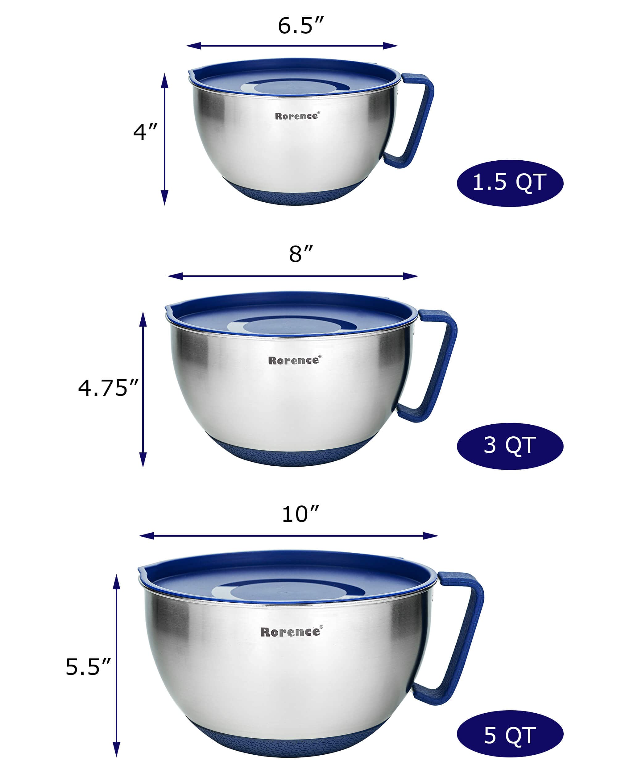 Rorence Mixing Bowls Set: Stainless Steel Non-Slip Bowls with Pour Spout, Handle and Lid - Set of 3 - Blue