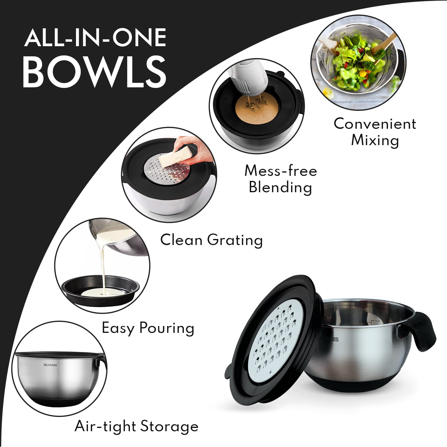 Belwares Mixing Bowls with Lids Set - Nesting Bowls with Graters, Handle, Pour Spout, Airtight Lids - Stainless Steel Non-Slip Mixing Bowl for Cooking, Baking, Prepping, Food Storage (Set of 3)