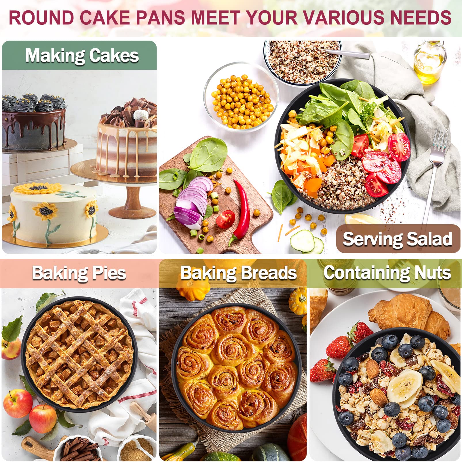 P&P CHEF 8 Inch Round Cake Pan Set, 3 Piece Non-Stick Cake Baking Pans for Birthday Wedding Layer Cakes, Stainless Steel Core & One-piece Design, Sturdy & Healthy, Black