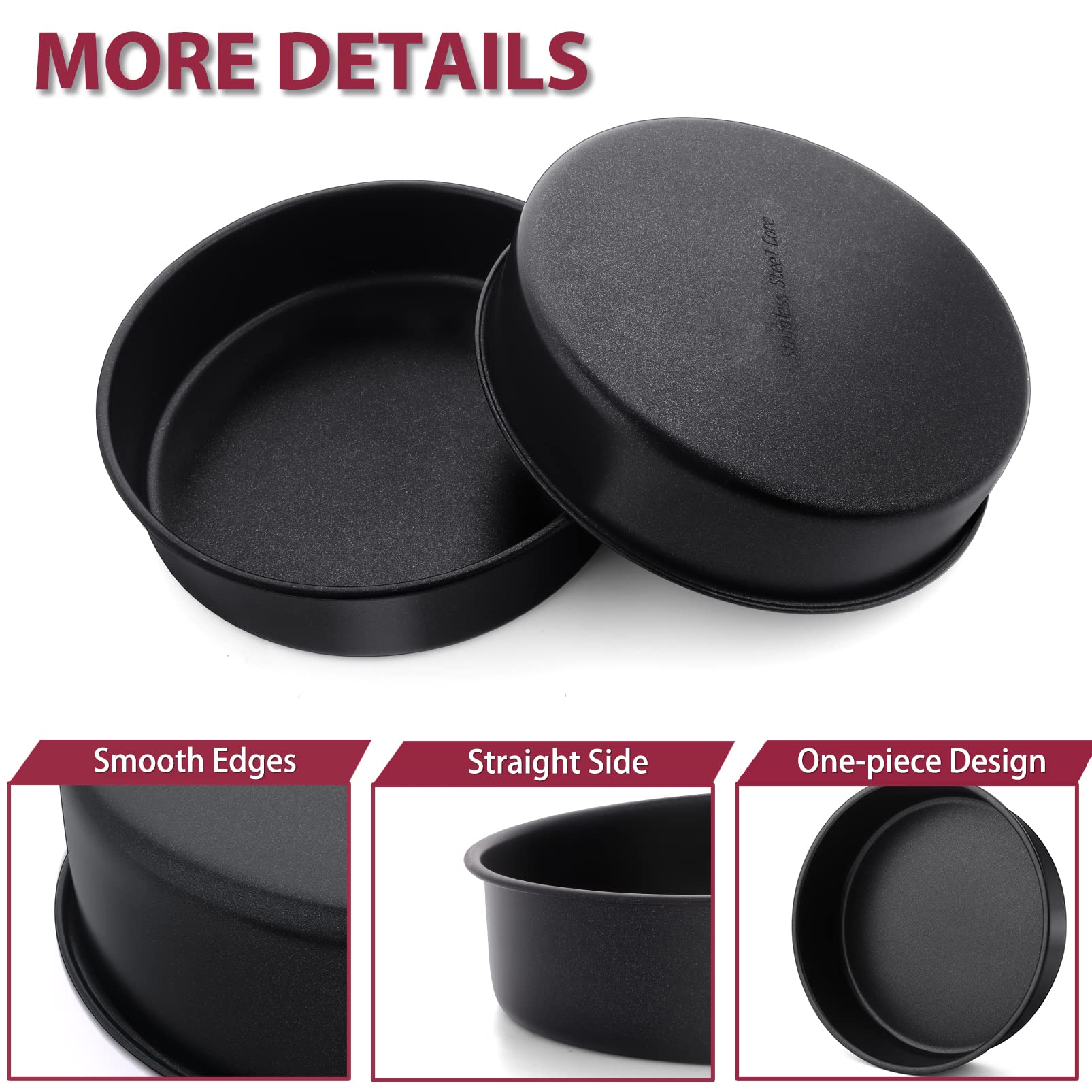 P&P CHEF 8 Inch Round Cake Pan Set, 3 Piece Non-Stick Cake Baking Pans for Birthday Wedding Layer Cakes, Stainless Steel Core & One-piece Design, Sturdy & Healthy, Black